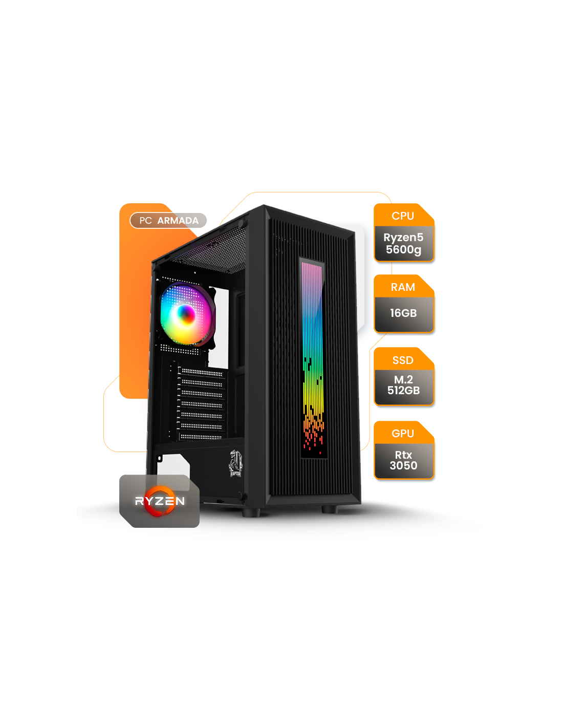 PC Gamer Ryzen 5 5500 RTX 3050 16GB 512GB 550W Vortex Alto Rendimiento